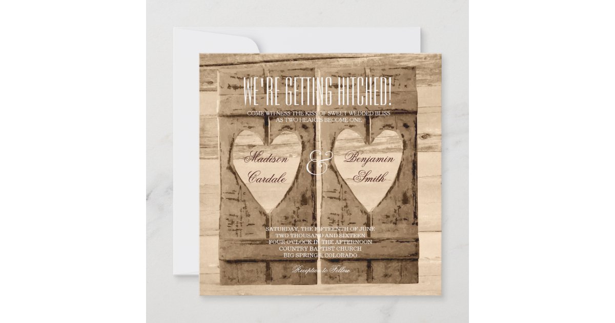 Two Hearts Rustic Wood Shutters Wedding Invitation | Zazzle