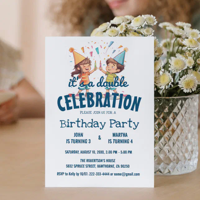 Two Kids And Confetti Double Birthday Party Invitation | Zazzle