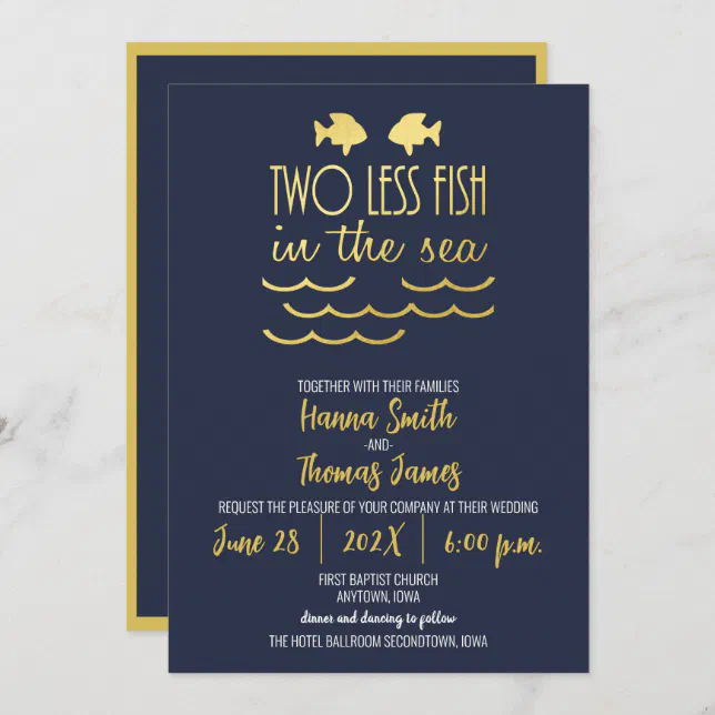 Two Less Fish in the Sea Navy Gold Elegant Wedding Invitation | Zazzle