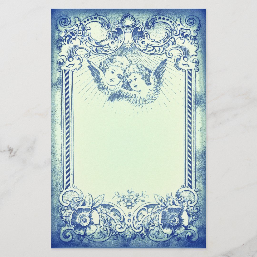 Two Little Christmas Angels with Blue Border Stationery | Zazzle