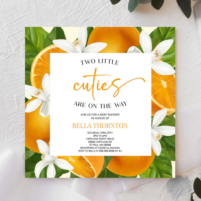Two Little Cuties Twins Orange Baby Shower Invitation | Zazzle