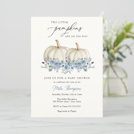 Two Little Pumpkins Blue Baby Shower Invitation | Zazzle