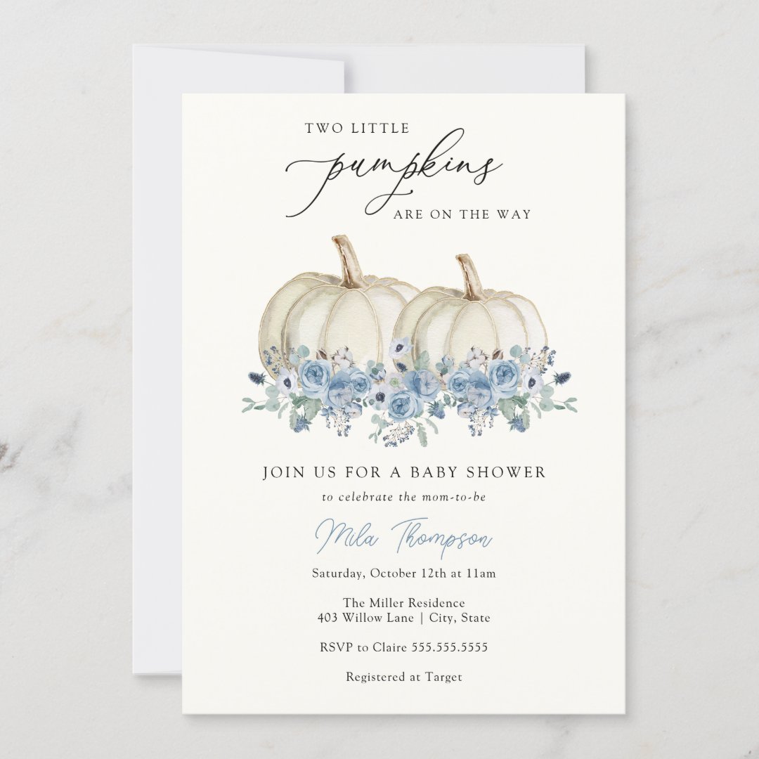 Two Little Pumpkins Blue Baby Shower Invitation | Zazzle