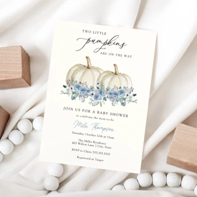 Two Little Pumpkins Blue Baby Shower Invitation | Zazzle