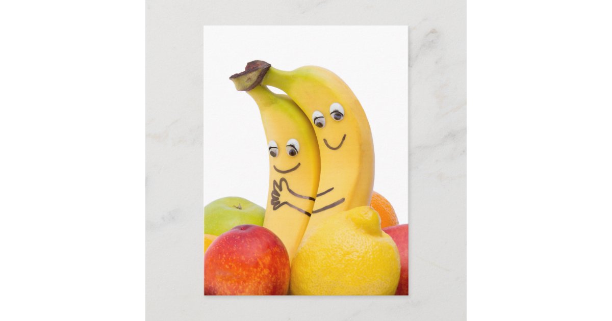 Two loving bananas with eyes and mouth postcard | Zazzle