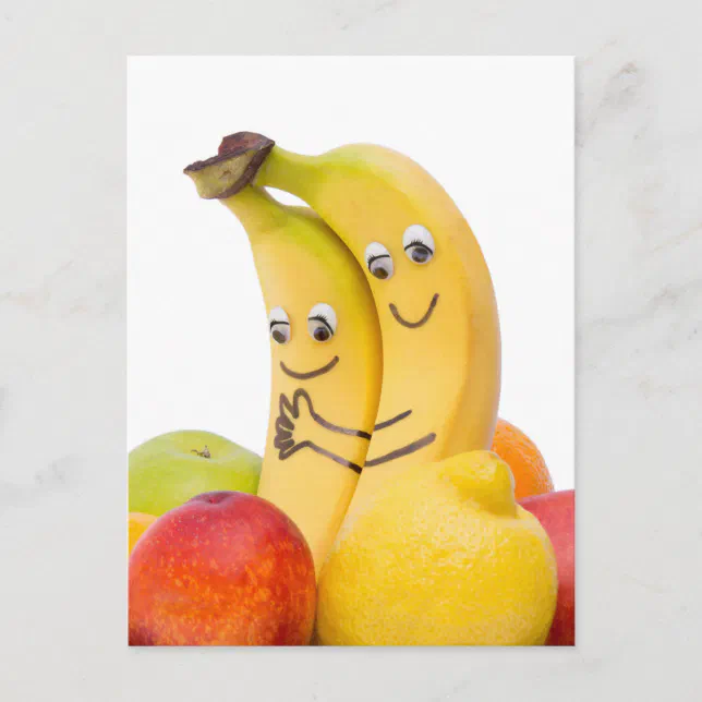 Two loving bananas with eyes and mouth postcard | Zazzle