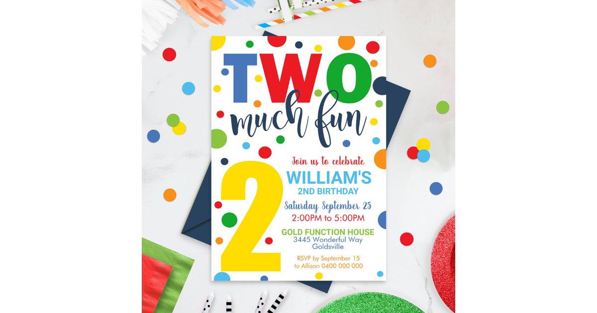 Two Much Fun Birthday Invitation 2nd Birthday | Zazzle