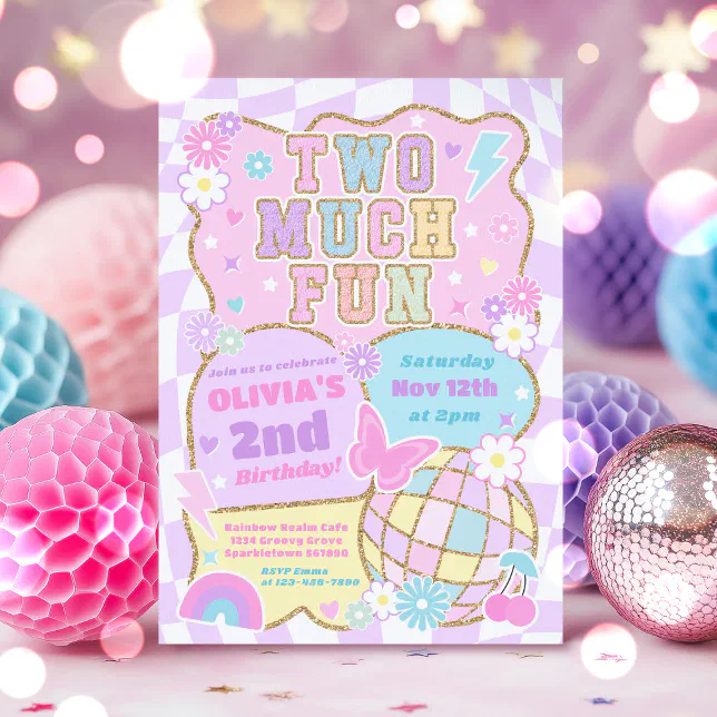 Two Much Fun Groovy Preppy Varsity 2nd Birthday Invitation | Zazzle