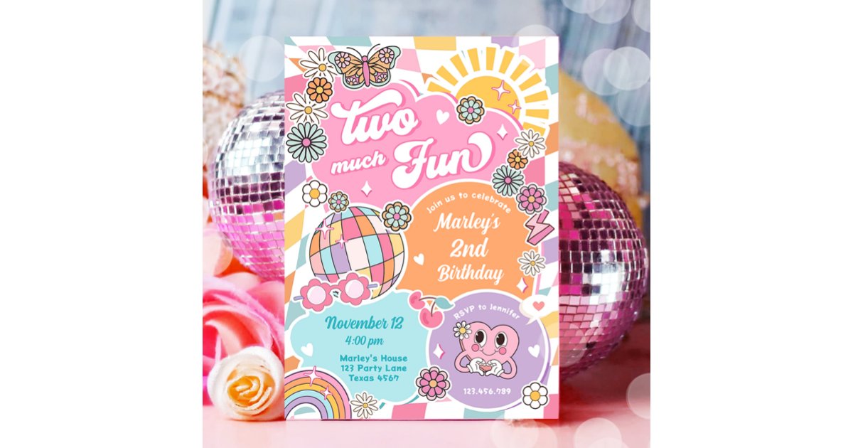 Two Much Fun Groovy Retro Preppy Varsity Birthday Invitation | Zazzle