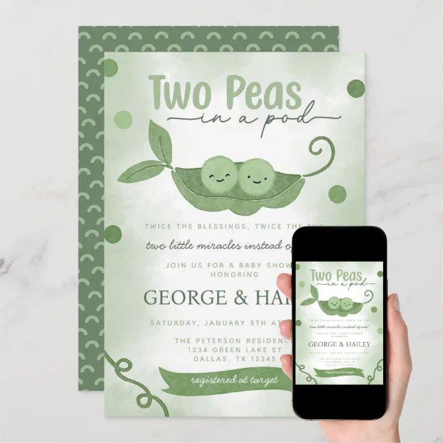 Two Peas In a Pod Twin Boys Baby Shower Invitation | Zazzle