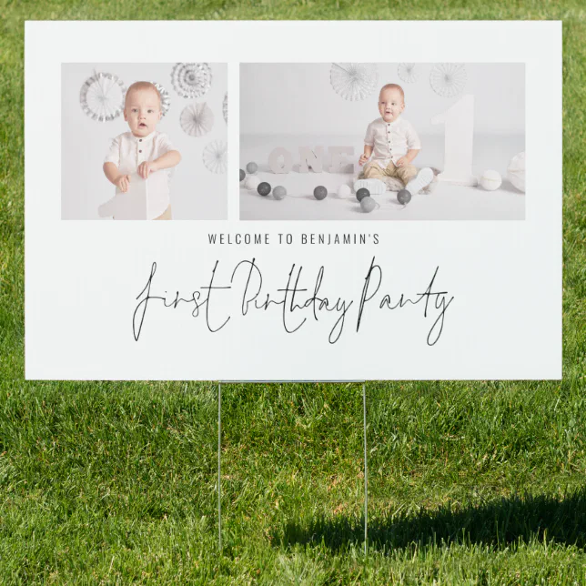 Two Photo Script Welcome First Birthday Party Sign | Zazzle
