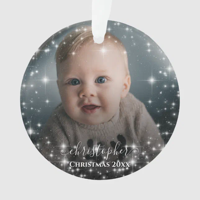 Two Photo Sparkle Frame with Names Christmas Ornament | Zazzle