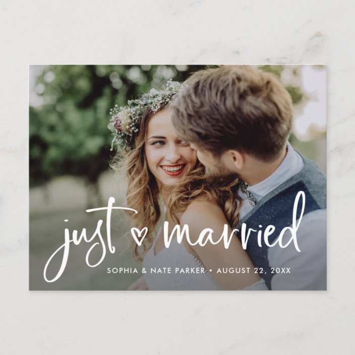 Two Photo | White Heart and Script Just Married Announcement Postcard ...