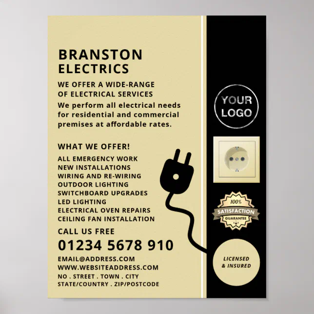 Two Pin Power Socket & Plug, Electrician Advert Poster | Zazzle