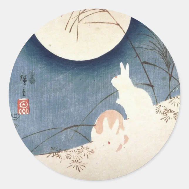 TWO RABBITS & A MOON JAPANESE PRINT ROUND Sticker | Zazzle