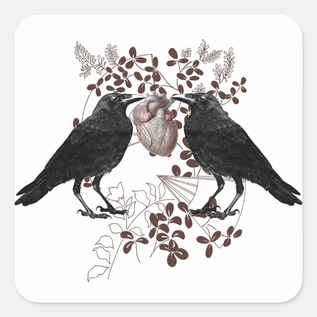 Two Ravens And Heart Square Sticker | Zazzle