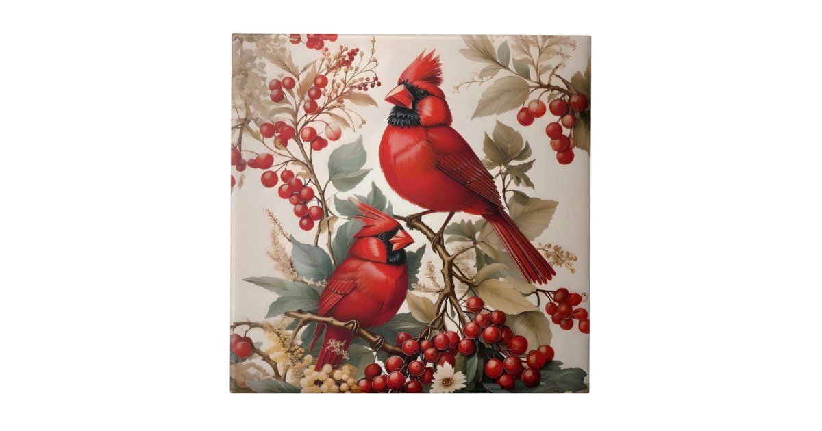 Two Red Northern Cardinal Birds And Berries Ceramic Tile | Zazzle
