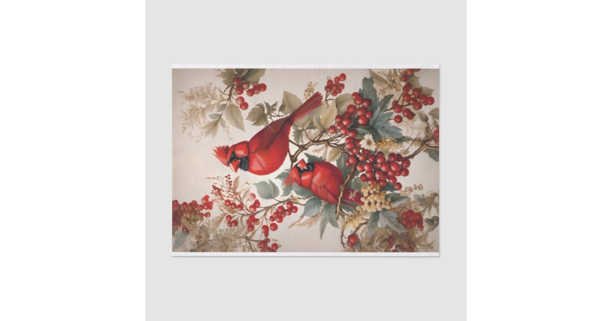 Two Red Northern Cardinal Birds And Berries Tissue Paper | Zazzle