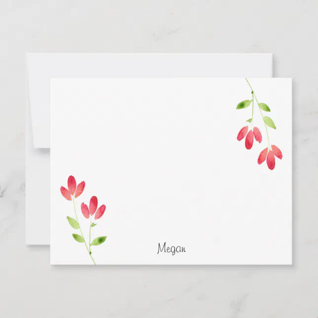 Two Red Watercolor Flower Stems Note Card | Zazzle