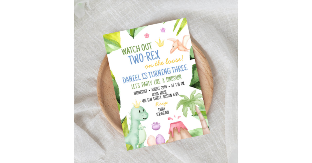 Two Rex Boy dinosaur 2nd birthday invitation | Zazzle