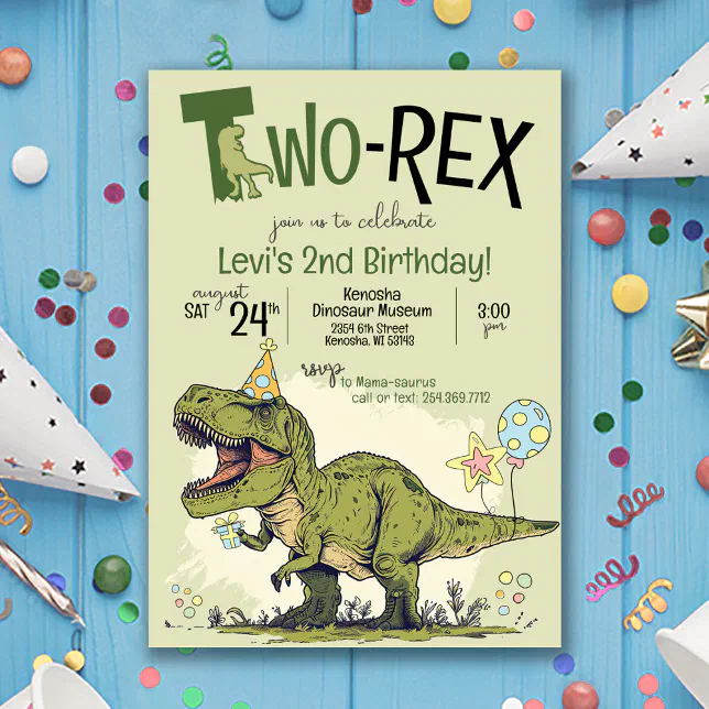 Two-Rex Cute Dinosaur Cartoon 2nd Birthday Party Invitation | Zazzle