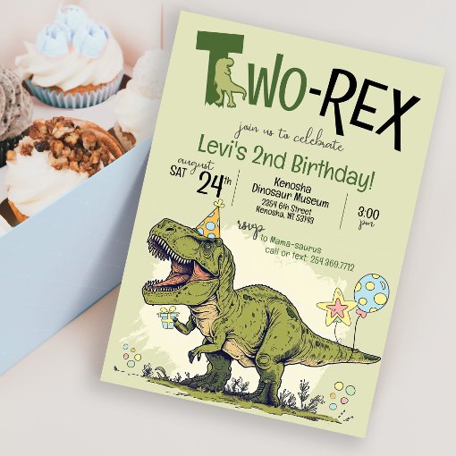 Two-Rex Cute Dinosaur Cartoon 2nd Birthday Party Invitation | Zazzle