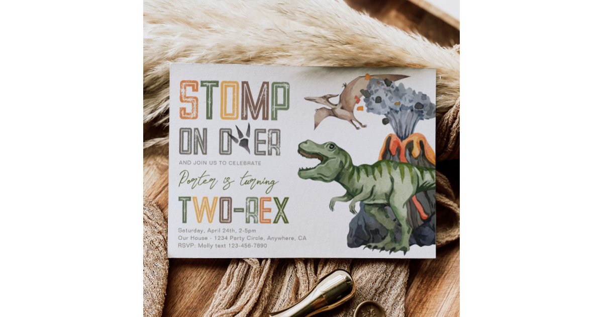 Two-Rex Dino Birthday Invitation | Zazzle