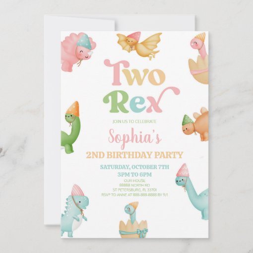 Two Rex Dinosaur 2nd Second Birthday Party Invitation | Zazzle