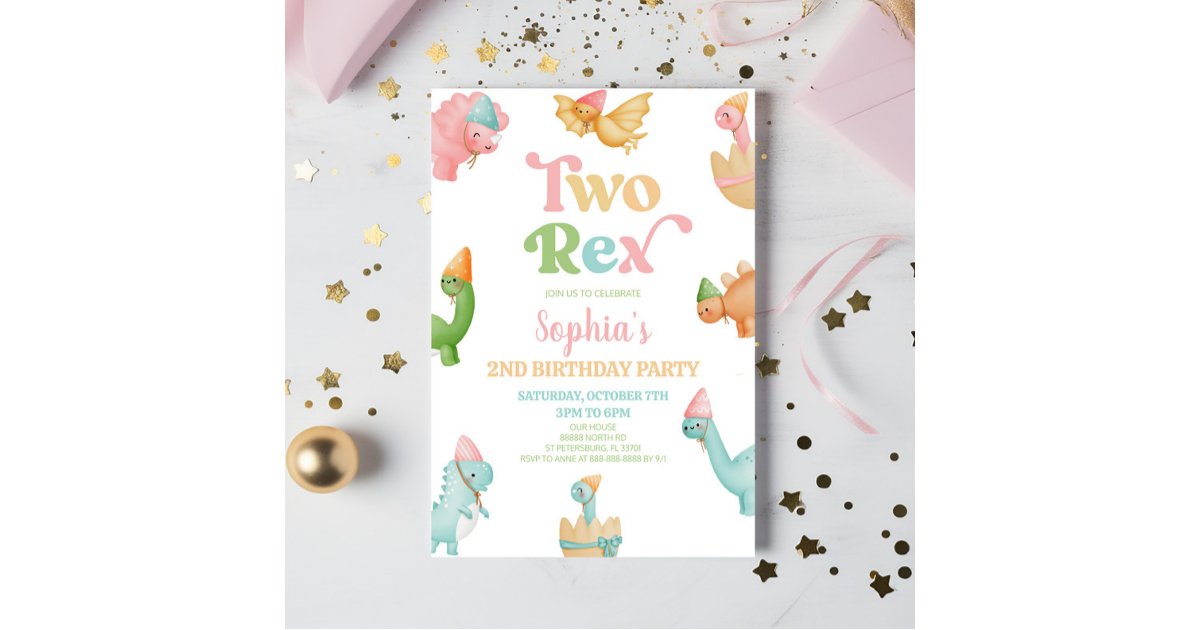Two Rex Dinosaur 2nd Second Birthday Party Invitation | Zazzle