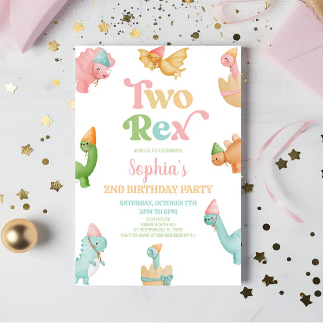 Two Rex Dinosaur 2nd Second Birthday Party Invitation | Zazzle