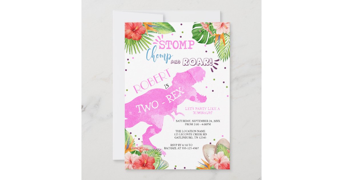 Two-Rex Dinosaur Birthday Invitation Girl | Zazzle