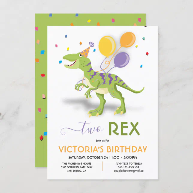Two Rex Dinosaur Birthday Party Invitation | Zazzle