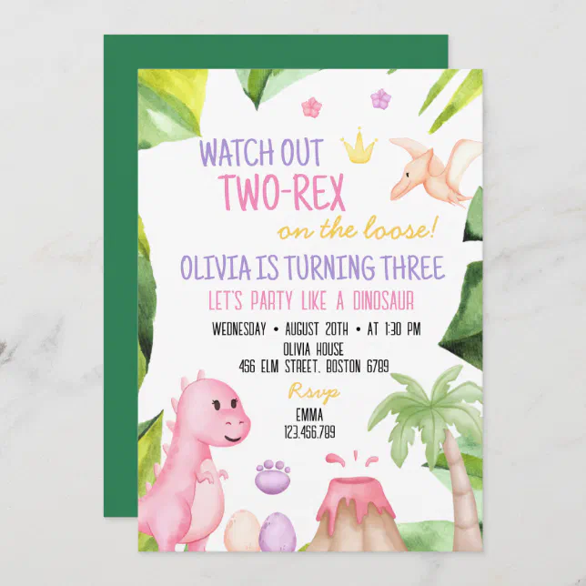 Two Rex Girl dinosaur 2nd birthday invitation | Zazzle