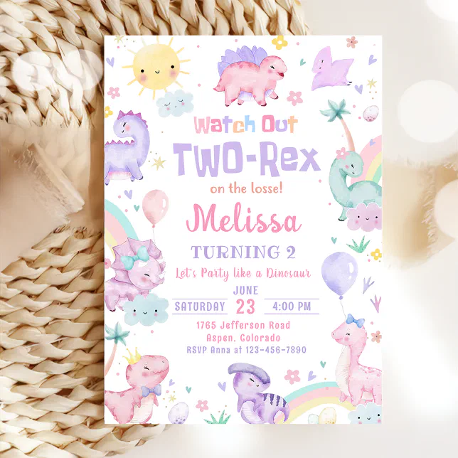 Two Rex Pink Dinosaur 2nd Birthday Party Invitation | Zazzle