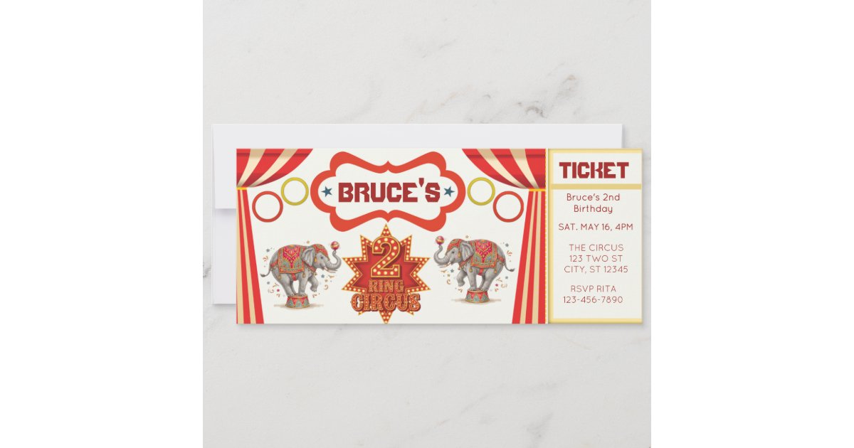 Two Ring Circus, 2nd Birthday Ticket Invitation | Zazzle