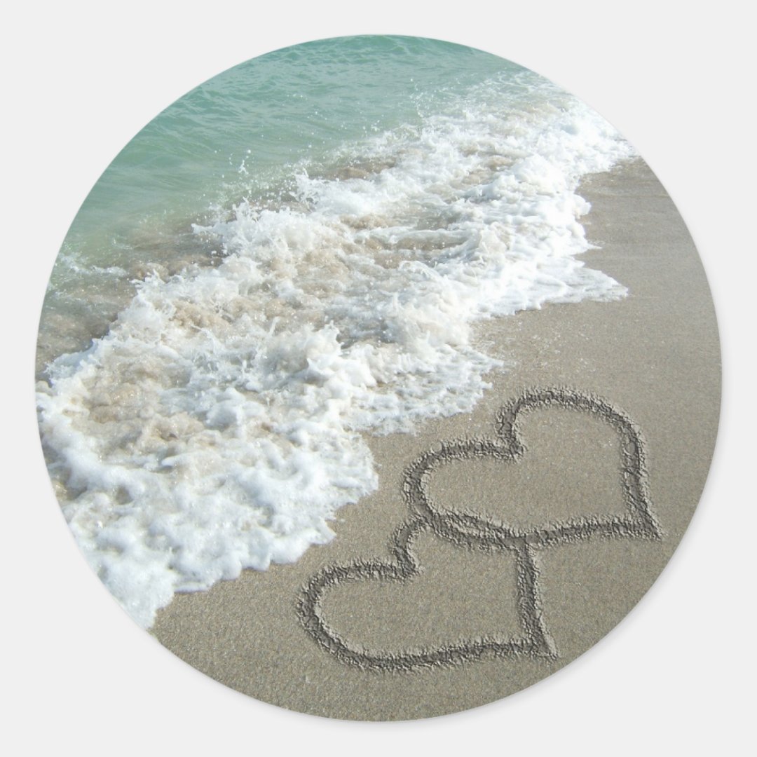 Two Sand Hearts on the Beach, Romantic Ocean Classic Round Sticker | Zazzle