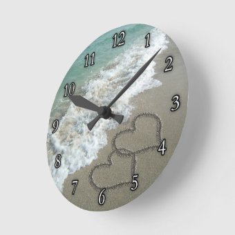 Two Sand Hearts on the Beach Round Clock | Zazzle