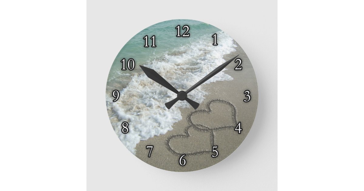 Two Sand Hearts on the Beach Round Clock | Zazzle