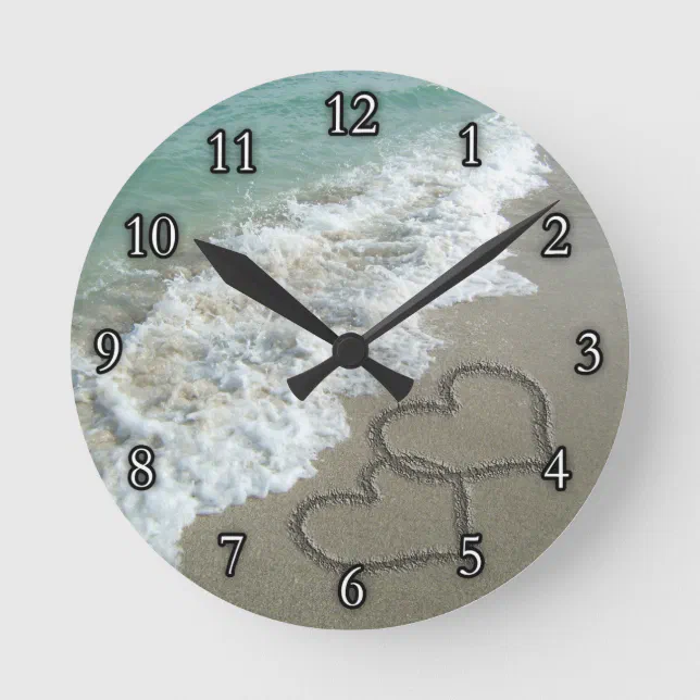 Two Sand Hearts on the Beach Round Clock | Zazzle