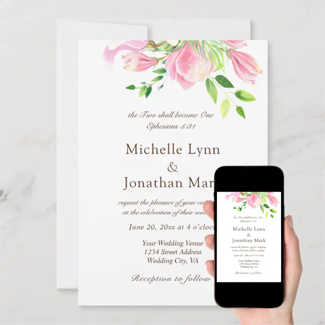 Two Shall Become One Pink Magnolia Christian Invitation | Zazzle