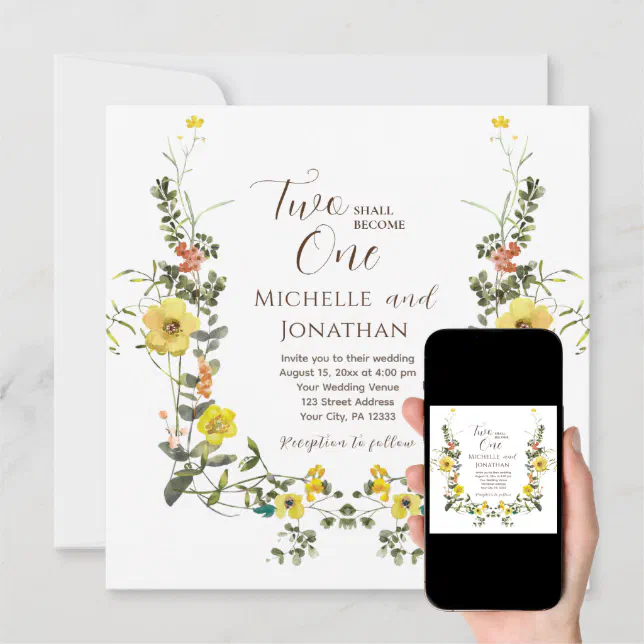 Two Shall Become One Yellow Flowers Bible Wedding Invitation | Zazzle