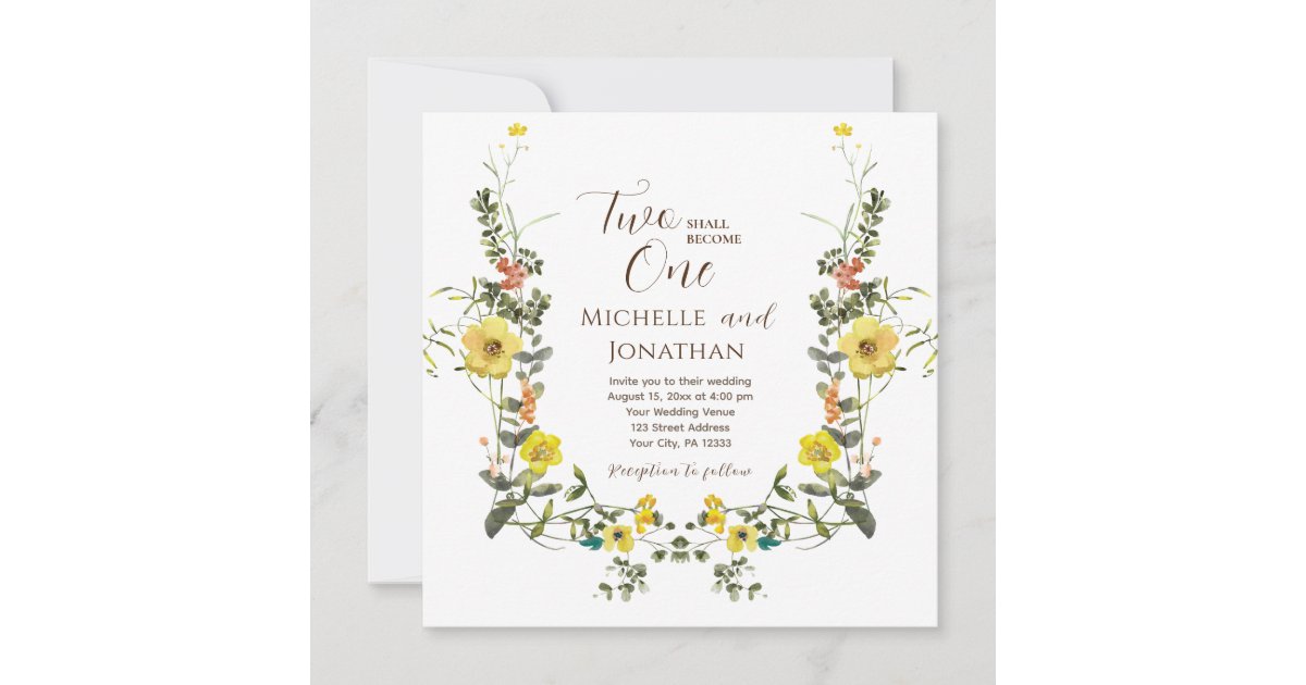 Two Shall Become One Yellow Flowers Bible Wedding Invitation | Zazzle