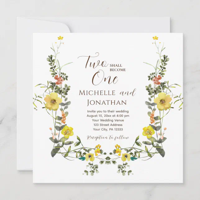 Two Shall Become One Yellow Flowers Bible Wedding Invitation | Zazzle
