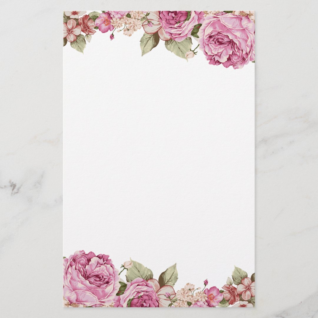 Two Sided Border with Pink Rose Painting Stationery | Zazzle