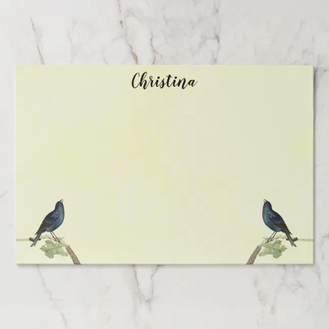Two Singing Black Birds on Branch with Caterpillar Paper Pad | Zazzle