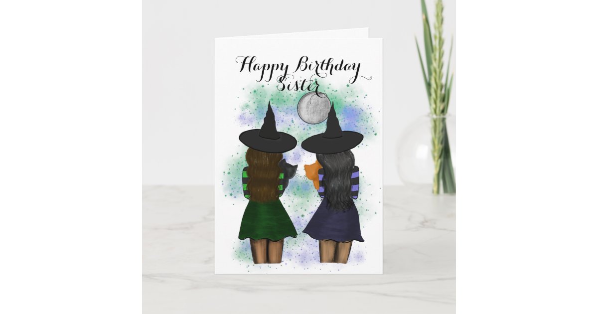 Two Sister Witches With Cats Birthday Card | Zazzle