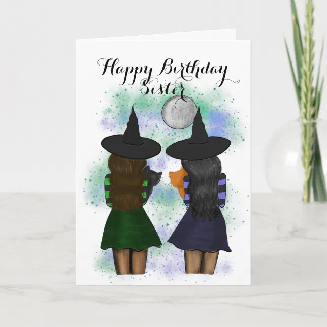 Two Sister Witches With Cats Birthday Card | Zazzle