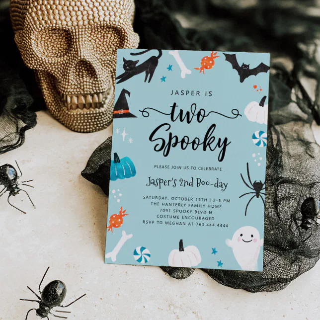 TWO spooky Blue Halloween Birthday Party Invitatio Invitation | Zazzle