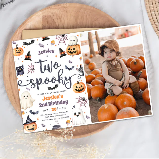 Two Spooky Cute Halloween Ghost 2nd Birthday Photo Invitation | Zazzle