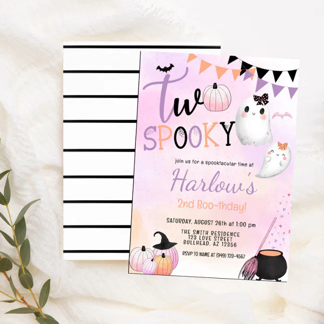 Two Spooky Ghost Pastel Pink Halloween Birthday Invitation | Zazzle